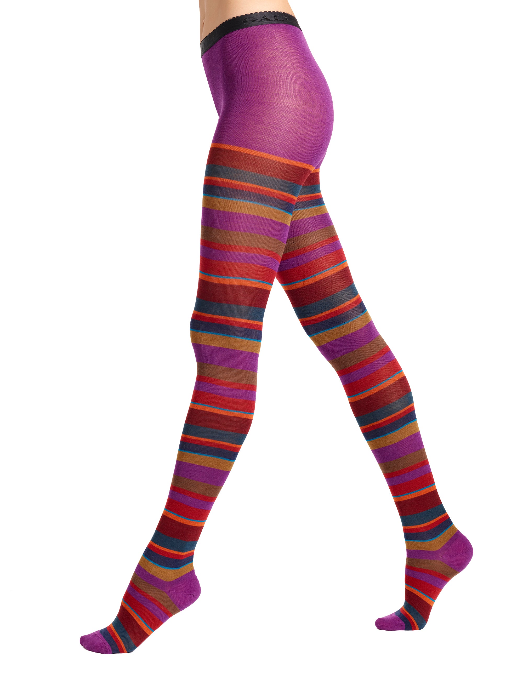 Women's purple wool tights with multicoloured stripes | Gallo